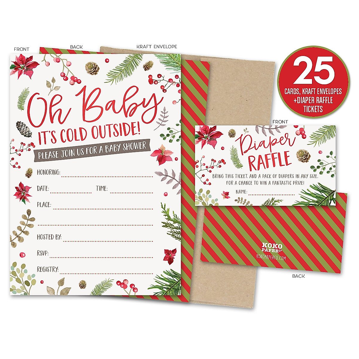 Koko Paper Co Baby It’s Cold Outside Winter Baby Shower Invitations and Diaper Raffle Tickets with Winter Florals. Set of 25 Fill in Style Cards, Kraft Envelopes, Raffle Tickets
