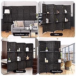 Giantex 6Ft 6 Panel Room Divider with Shelves, Freestanding Hand-Woven Rattan Folding Privacy Screens for Room Separation, Wooden Partition Room Divider Wall for Home Office Studio Separator