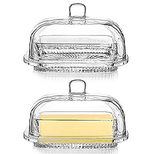Lyellfe 2 Pack Glass Butter Dish, Food Grade Clear Butter Keeper with Lid, Crystal Rectangular Butter Container for Counter and Fridge, Lead-free, Dishwasher Safe