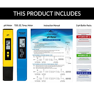 pH Meter and TDS, EC, Temperature Meter (Accuracy: pH: ±0.1, TDS: ±2-5%, EC: ±2-5%, Temp.: ±0.1°C) | for Water, Hydroponics, Aquariums, Pools & Spas, Soil, Brewing, Aquaculture, Kombucha, etc.
