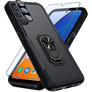 For Samsung Galaxy A14 5G Case with Screen Protector+Camera Lens Protector,Heavy Duty Shockproof Full Body Protective Phone Cover,Built in Rotatable Magnetic Ring Holder Kickstand,2023 Black Matte