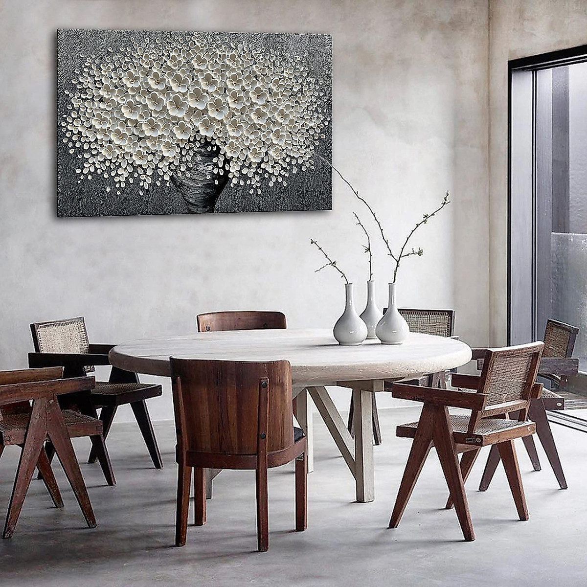 Epicler 30x45 inch hand-painted oil painting, white bouquet oil painting, canvas wall decoration painting.