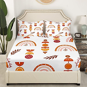 Erosebridal Rainbow Fitted Sheet, Flower Branches Bed Sheet Full Size for Kids Girls Child Teens Women, Cartoon Style Floral Sheet Set Bohemian Iridescent Bedding Set 4 Pieces with 2 Pillow Cases