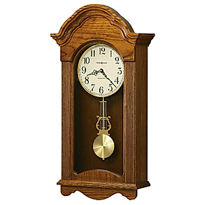 Howard Miller Cambria Wall Clock II 549-518 – Legacy Oak Finish Wood Frame, Vintage Home Decor, Brushed Brass Finished Pendulum, Quartz, Single-Chime Movement