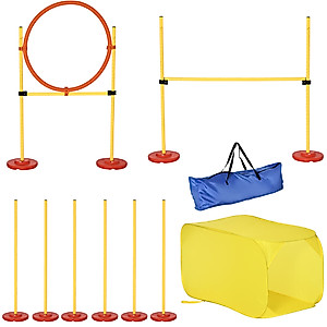 PawHut 4-Piece Dog Agility Training Equipment Doggie Obstacle Course with Tunnel, Hurdle Bar, Hoop, Weave Poles, and Easy Carry Case