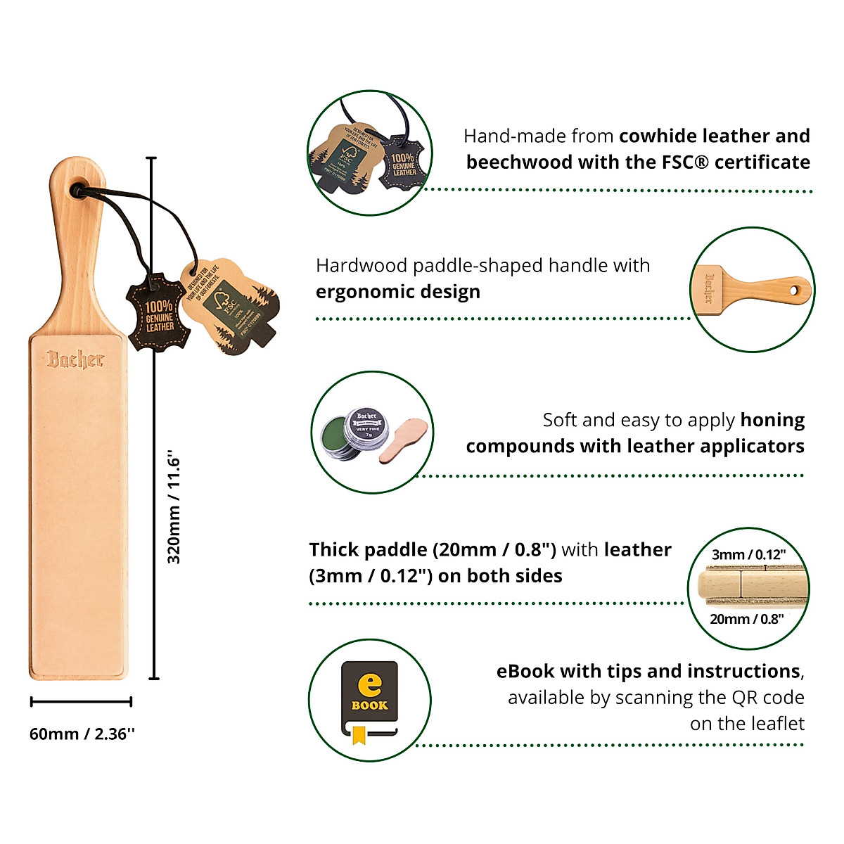 Bacher Premium Leather Strop for Knife Sharpening with Polishing Compound - Double Sided Stropping Leather – Stropping Kit: Knife Strop and Stropping Compound for Wood Carving and Woodworking