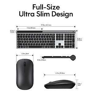 Wireless Keyboard and Mouse Combo, CHESONA Bluetooth Rechargeable Full Size Mulit-Device (Bluetooth 5.0+3.0+2.4G) Wireless Keyboard Mouse Combo for Mac OS/iOS/Windows/Android (Silver Black)