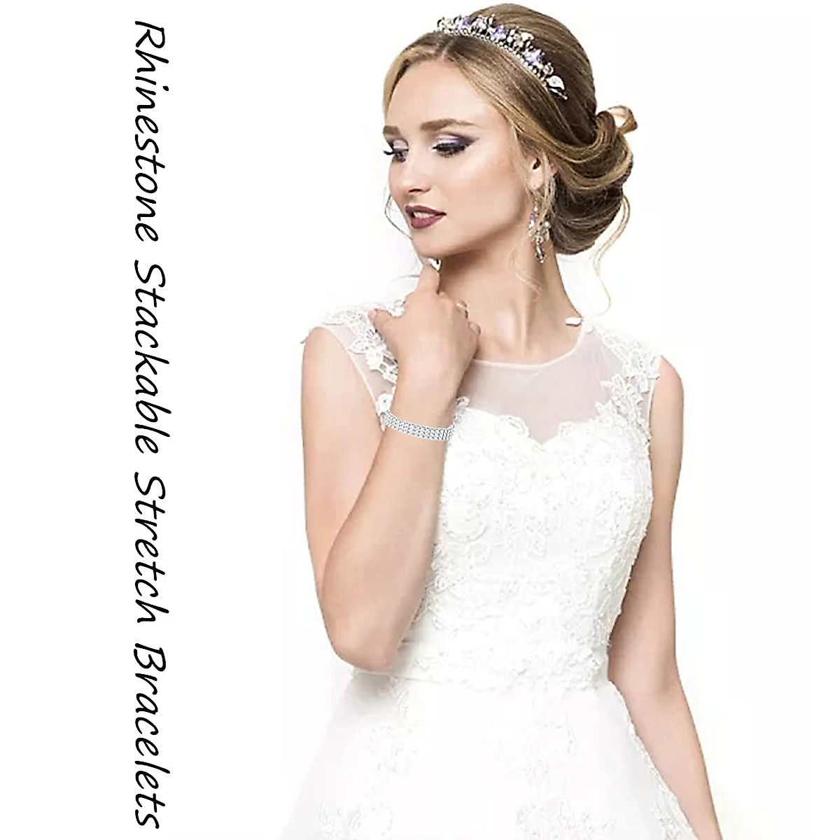 MOZAKA 5Pcs Sparkle Rhinestone Stretch Bracelets Bangle for Women Bling Silver Bridal Wedding Strand Stackable Tennis Bracelet Set