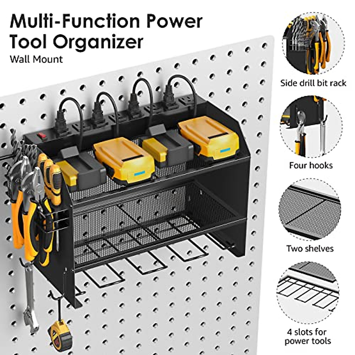CCCEI Modular Power Tool Organizer Wall Mount with Charging Station. Garage 4 Drill Storage Shelf with Hooks, Screwdriver, Drill Bit Heavy Duty Rack, Tool Battery Holder Built in 8 Outlet Power Strip.
