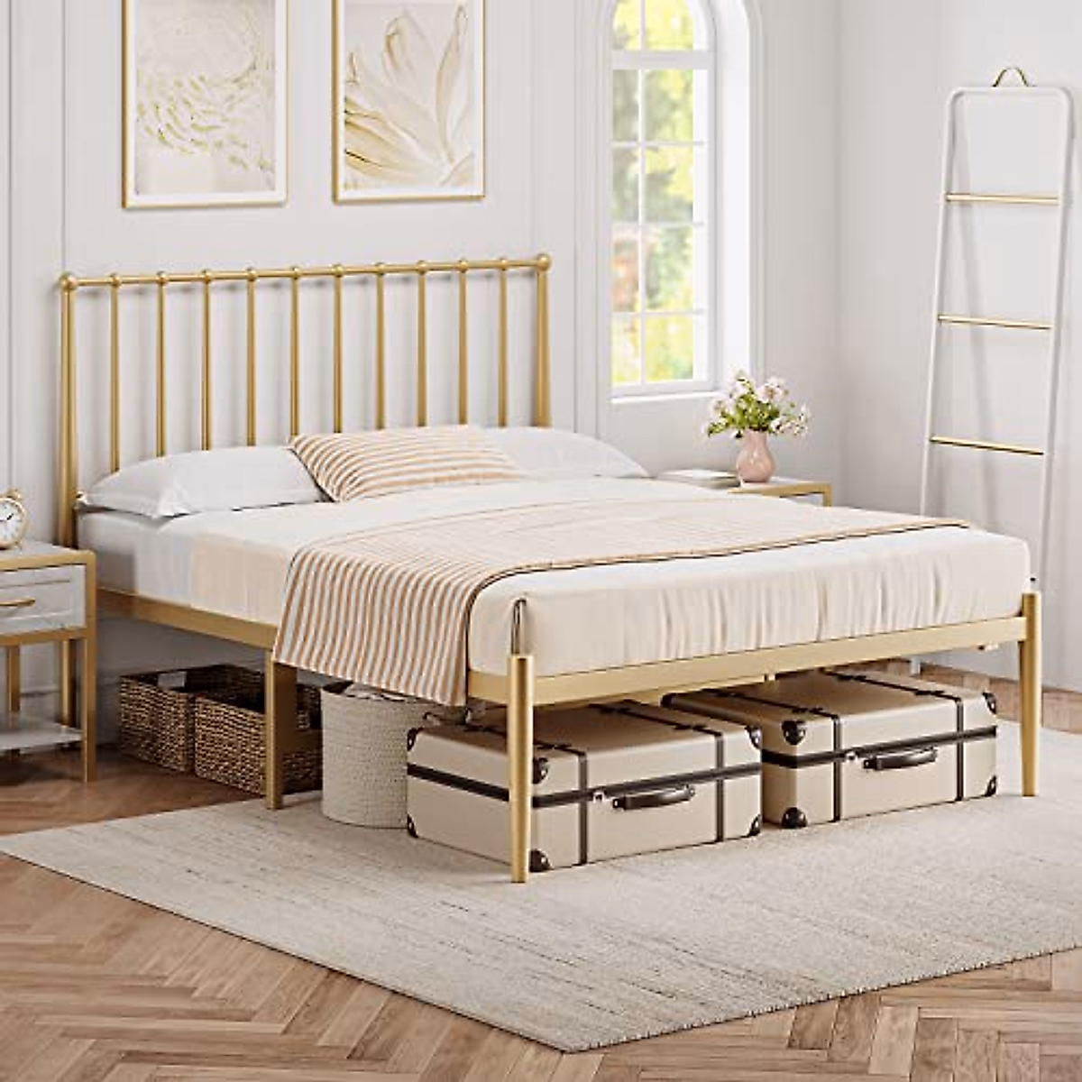 Amyove Queen Bed Frame Metal Platform Bed with Headboard, 14 Inches Metal Mattress Foundation for Storage, No Box Spring Needed, Easy Assembly, Modern, Gold