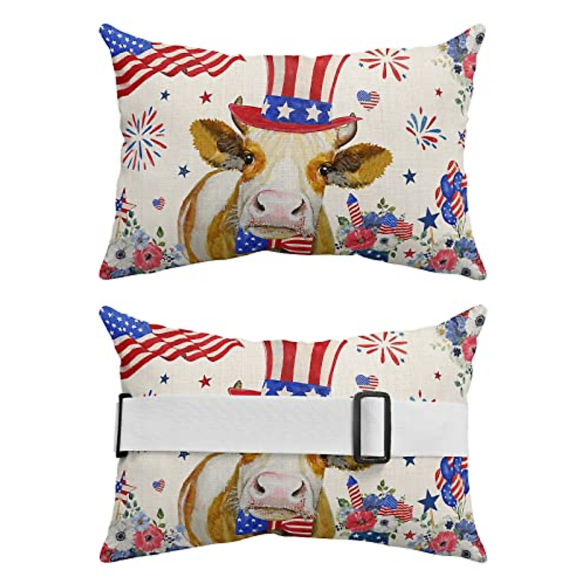 Recliner Head Pillow Ledge Loungers Chair Pillows with Insert Independence Day USA Flag Cow Poppies Linen Lumbar Pillow with Adjustable Strap Outdoor Waterproof Patio Pillows for Beach Pool, 2 PCS