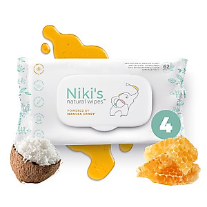 Niki's Natural Baby Wipes | Sensitive Organic Baby Wipes | Made with Manuka Honey and Coconut Oil, No Added Scents | EWG Verified | 248 Wipes (4 Pack x 62 Count Wipes)
