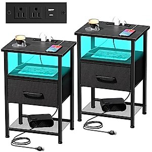 LAKEMID Nightstands Set of 2 with Charging Station and Drawer, End Table Bedside Table with 20 Colors LED Light Strip and 2 Layers Shelf for Bedroom Living Room Sofa Couch (Black)