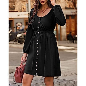 BTFBM Women 2023 Casual Button Down Summer Fall Dresses Long Sleeve Crew Neck Solid High Waist Short Tunic Mini Dress(Long Buttons Black, Medium)