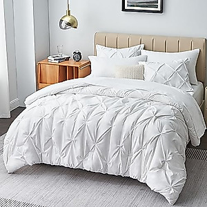 CozyLux Queen Comforter Set - 7 Pieces Comforters Queen Size White, Pintuck Bed in A Bag Pinch Pleat Complete Bedding Sets with Comforter, Flat Sheet, Fitted Sheet and Pillowcases & Shams