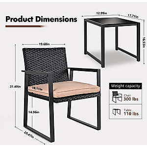 SUNLEI Outdoor 3-Piece Bistro Set Black Wicker Furniture-Two Chairs with Glass Coffee Table(Khaki)