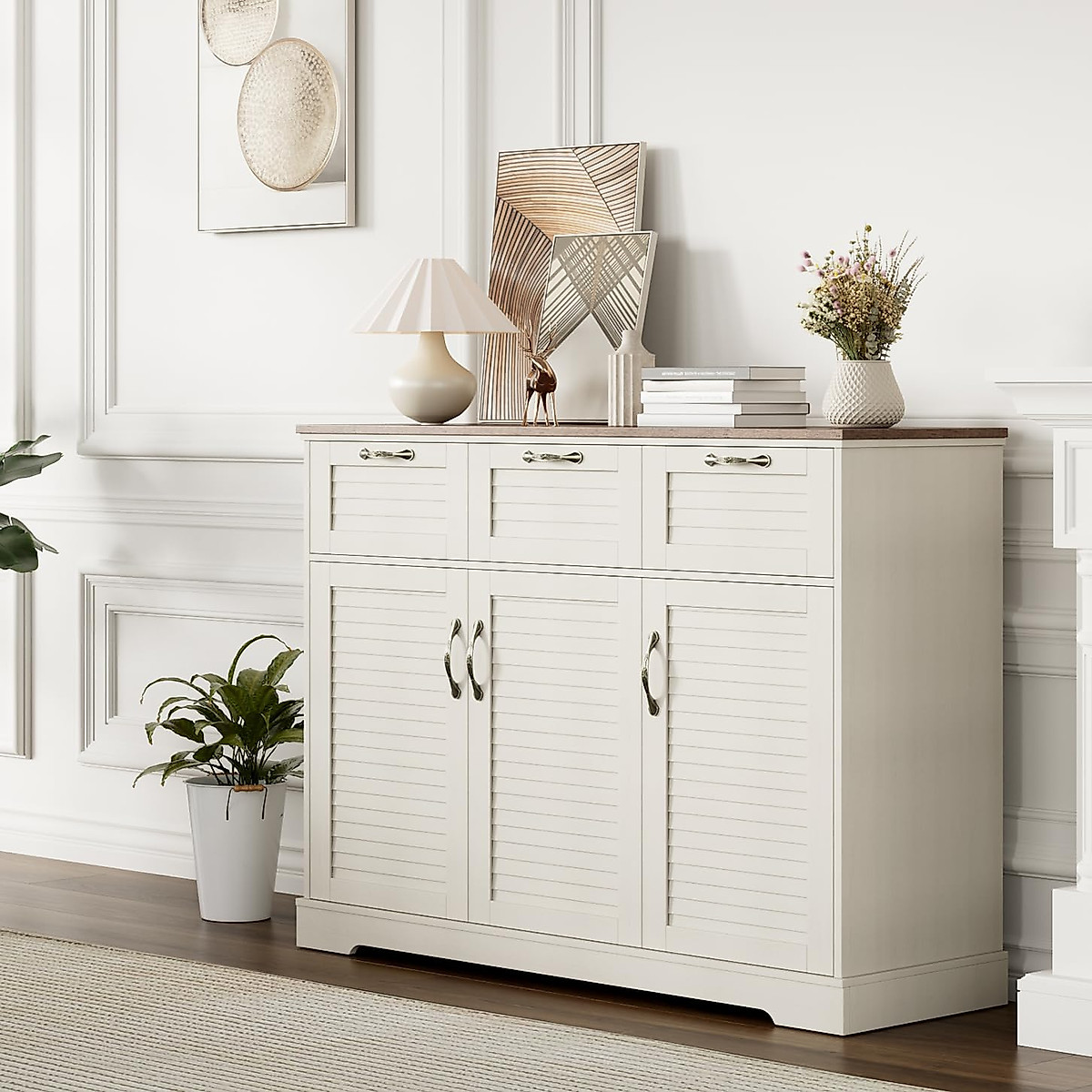 Kitchen Sideboard Buffet Cabinet with Storage, 15.7"D x 47.2"W x 35.1"H, Buffet Server Bar with 3 Shutter Doors and 3 Drawers for Wine, Coffee, Bar for Living Room, Dining Room, White Oak