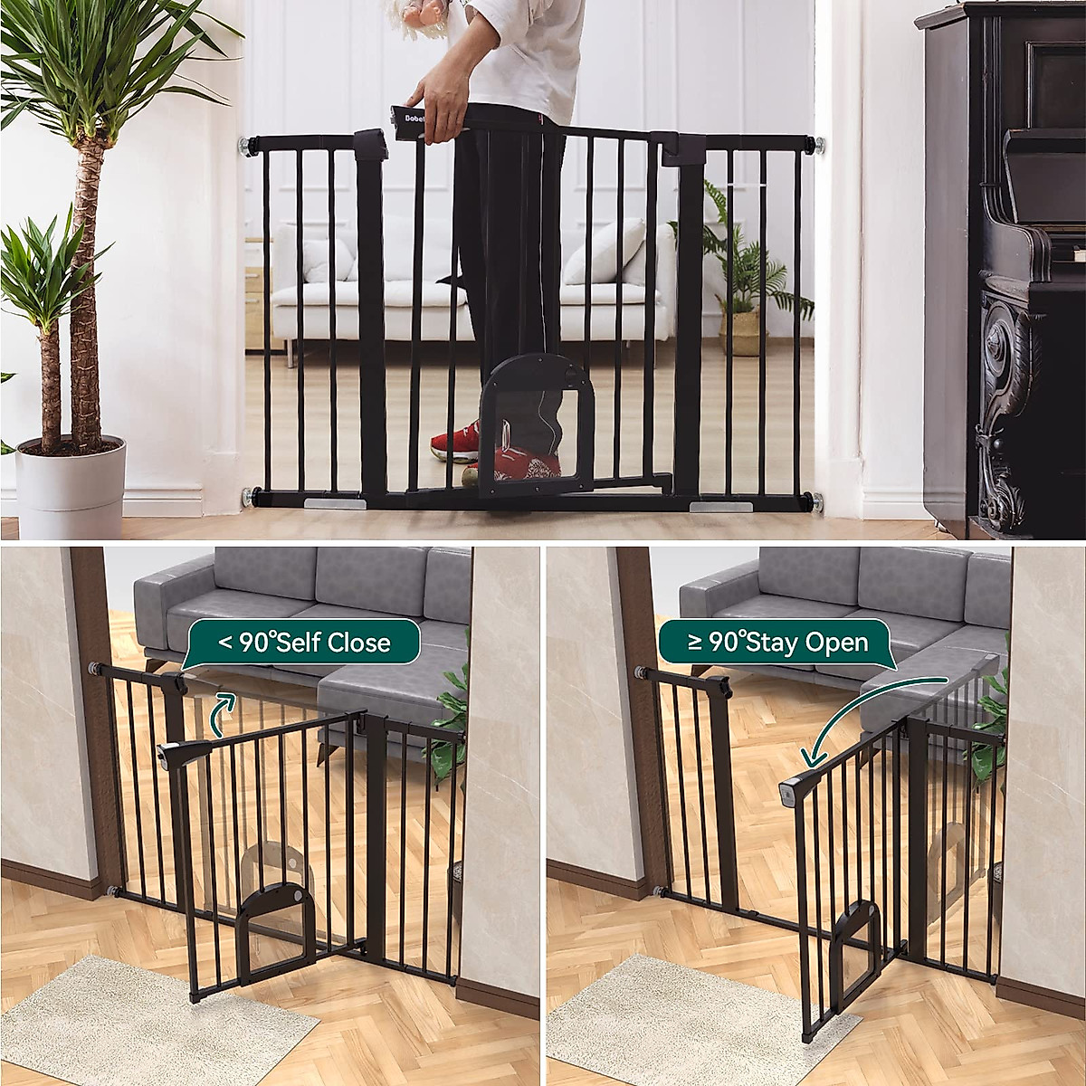 Babelio 29-48" Extra Wide Baby Gate with Adjustable Cat Door,Easy Install Pressure/Hardware Mounted,Auto Close Pet door for Stairs,House,Doorways,Effortless Walk Thru,Black