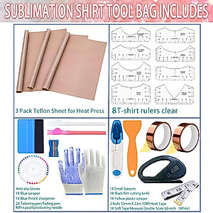 XEUZK Sublimation Shirts Tool Kits with 8 T Shirt rulers, 3Pack Teflon Sheet for Heat Press 12 x 16in, Heat Resistant Gloves with Silicone Bumps, 2 Rolls Heat Resistant Tape, 2Pcs Sublimation Pencil