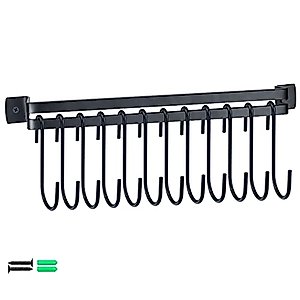 Pots and Pans Hanging Rack Wall Mounted,Kitchen Utensil Hanger with 12 Pack Black S Hooks for Hanging Spatulas Measuring Spoons Tools Coffee Mug,Anti-Drop Kitchen Wall Rack Rrganizer -17 Inch