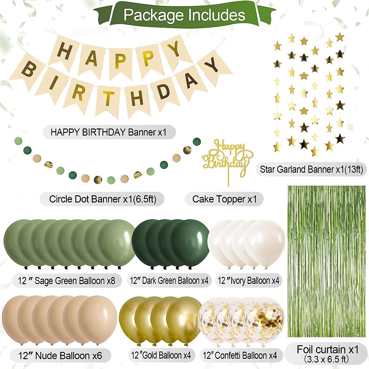 Sage Green Birthday Decorations Olive Green Happy Birthday Party Decorations Nude Retro Green Gold Balloon Banner Paper Pom Poms Greenery Neutral Rustic Décor Supplies Baby Girls Women