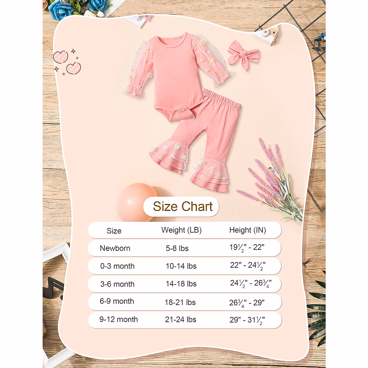 Baby Girl Outfit 3-6 Months,Baby Girl Bell Bottoms Mesh Daisy Outfits Long Sleeve Romper + Flare Pants + Headband 3Pcs Baby Girl Outfits Pink