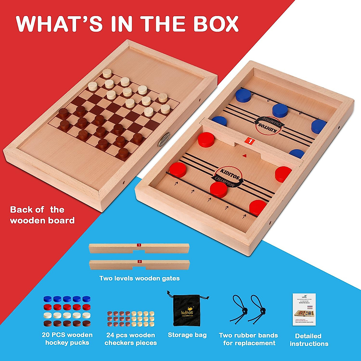 Kiditos 22.4" Fast Sling Puck Wooden Tabletop Hockey Game - 3 Levels, 2-4 Players, Slingshot Game for Family Game Night