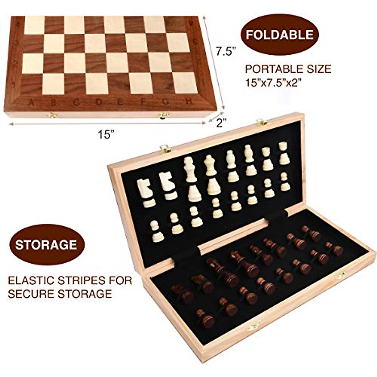 Wooden Chess Set for Kids and Adults - 15 Staunton Chess Set - Large Folding Chess Board Game Sets - Storage for Pieces | Wood Pawns - Unique E-Book for Beginner - 2 Extra Queens