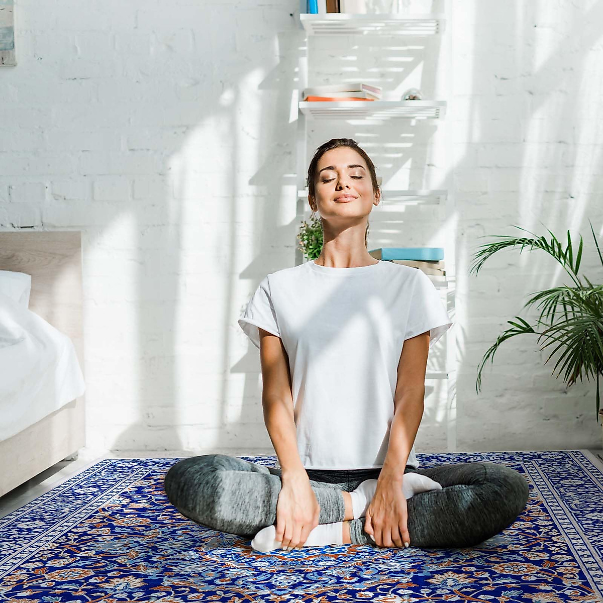 HOMETHIC Washable Area Rugs 8x10 Boho Rug Oriental Floral Soft Indoor Carpet Low Pile Non Slip Large Rugs for Living Room Bedroom Dining Room Decor Aesthetic, Blue