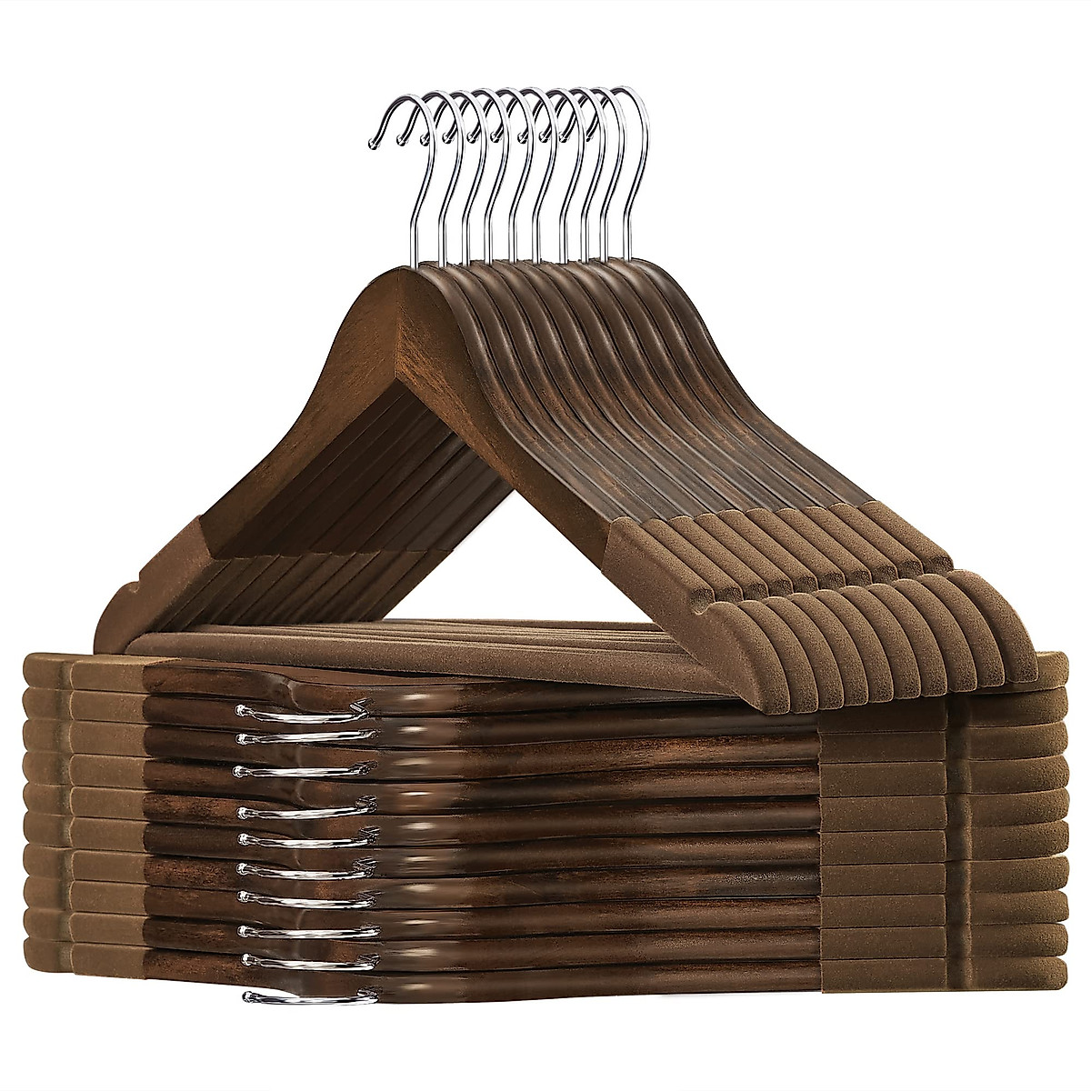 SONGMICS Velvet Wooden Hangers, Set of 20 Wooden Hangers with Velvet Surface, Non-Slip Coat Hangers with Shoulder Grooves, Pants Bar, 360° Swivel Hook, for Jackets Shirts, Dark Walnut UCRW012V02