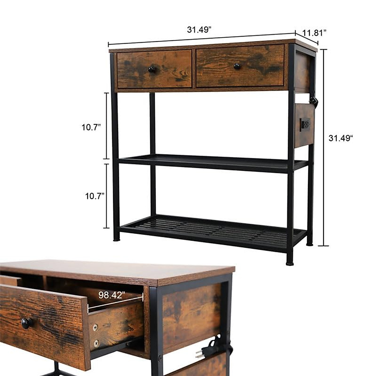 Industrial Entryway Console Table with Drawers, Shelves, AC Outlets, and USB Ports - Ultimate Sideboard Buffet Cabinet for Living Room, Foyer, Hallway - Stylish Storage Solution