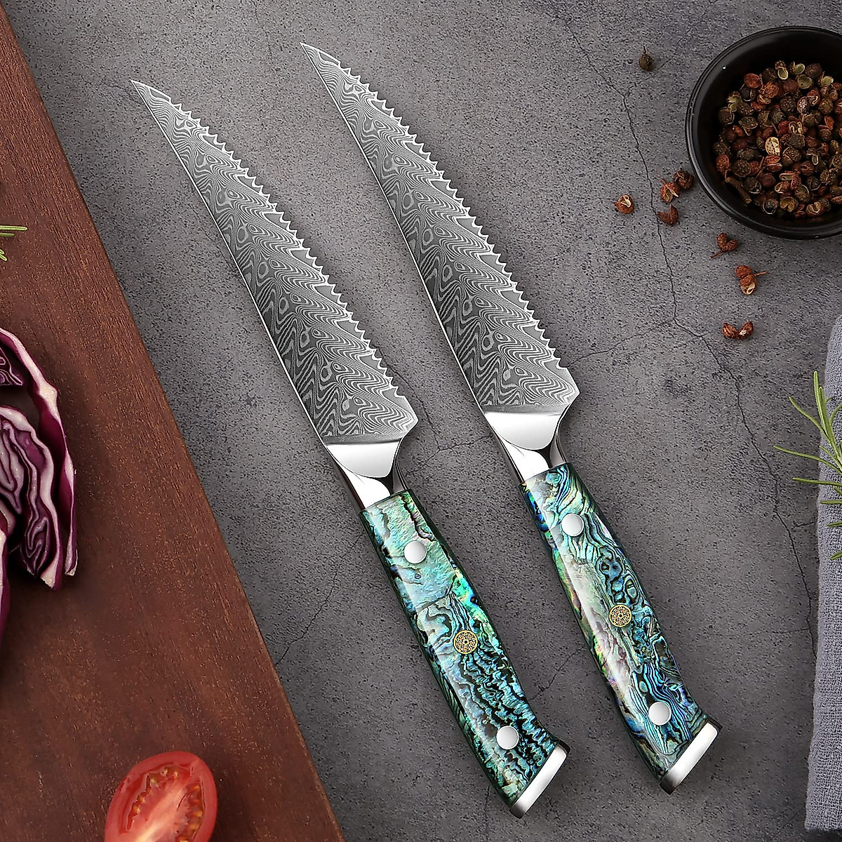SENKEN 4-Piece Damascus Steak Knife Set - Umi Collection - 67-Layer Japanese VG10 Steel, Real Deep-Sea Abalone Shell Handle (4-Piece Damascus Steak Knife Set)