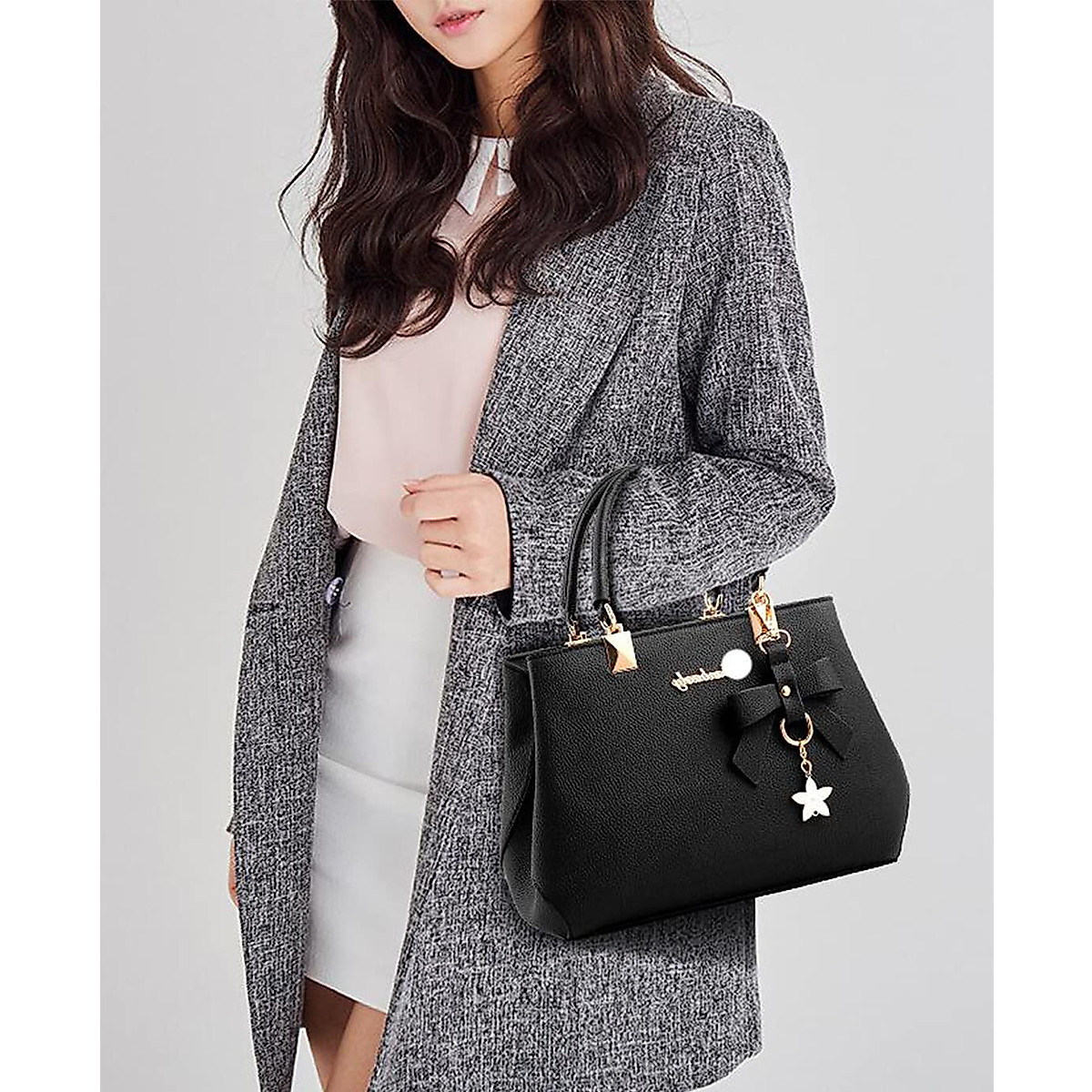 SMALLBLUER Top-handle Handbags Purse for Women Small Satchel PU Leather Shoulder Crossbody Bag with Bowtie Pendant-Black