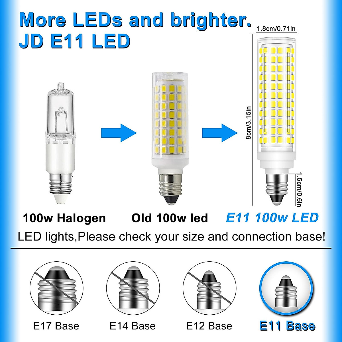 Megereet E11 LED Bulb 100W Halogen Bulbs Equivalent, JDE11 T4 Mini Candelabra LED Bulb Dimmable,Daylight White 6000K,10W 1000LM JDE11 120V 100W LED for Ceiling Fan Pendant Lighting,2 Pack