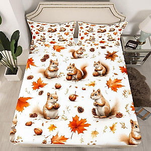 Feelyou Boys Girls Fall Autumn Sheet Set Full Size, Cute Squirrel Bed Sheets Set Cartoon Animal Sheets with Deep Pocket Fitted Sheet Kids Maple Leaf Teens Bedding Set with 2 Pillow Case