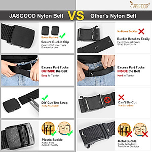 JASGOOD Nylon Military Tactical Men Belt 2 Pack Webbing Canvas Outdoor Web Belt with Plastic Buckle, C-Black+Black, Fits Pant up to 40 Inch