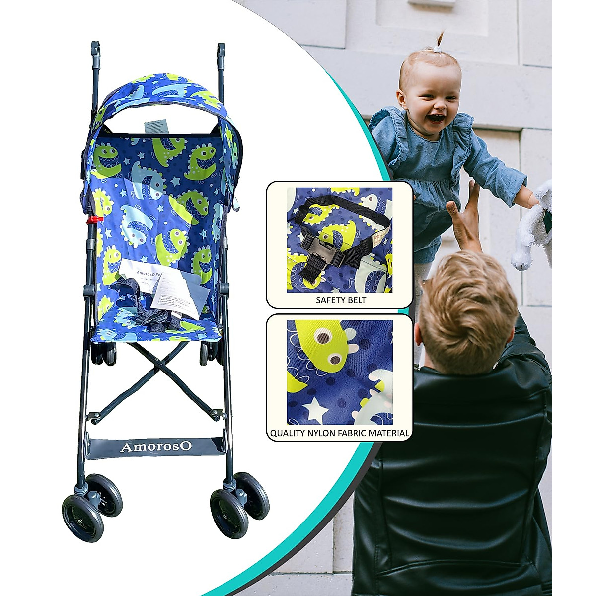 AmorosO Single Umbrella Stroller for Toddler, Travel Stroller for Babies - Sunlight and Light Rain Protection - Baby Stroller with Four EVA Wheels - Travel-Ready Stroller - Round Canopy Navy Blue