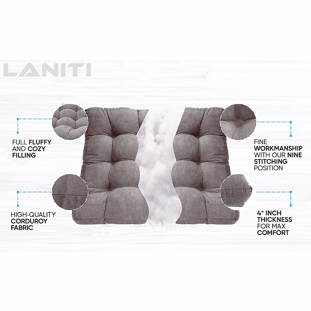 LANITI 24” Inch Extra Large Floor Cushions Tufted Floor Pillow for Adults Square Meditation Ultimate Comfort Oversized Pillows for Floor Cushion (Charcoal)