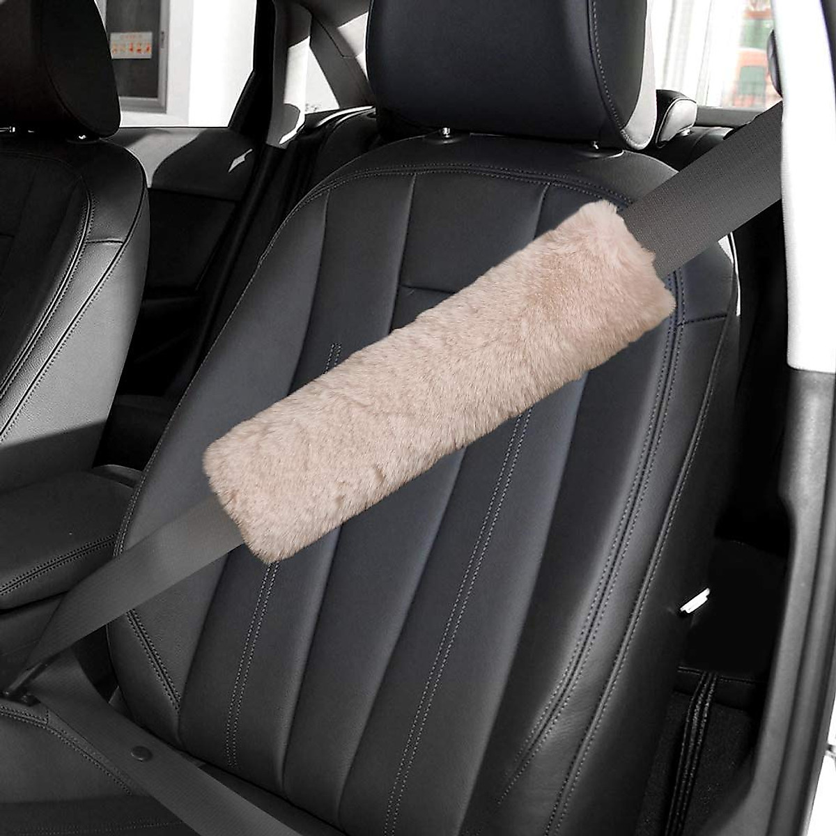 GAMPRO Seat Belt Pads Long 13 inch Faux Rex Rabbit Fur, Soft Comfortable Car Safety Seat Belt Strap Shoulder Pad for Adults and Children 2-Pack(Brown)