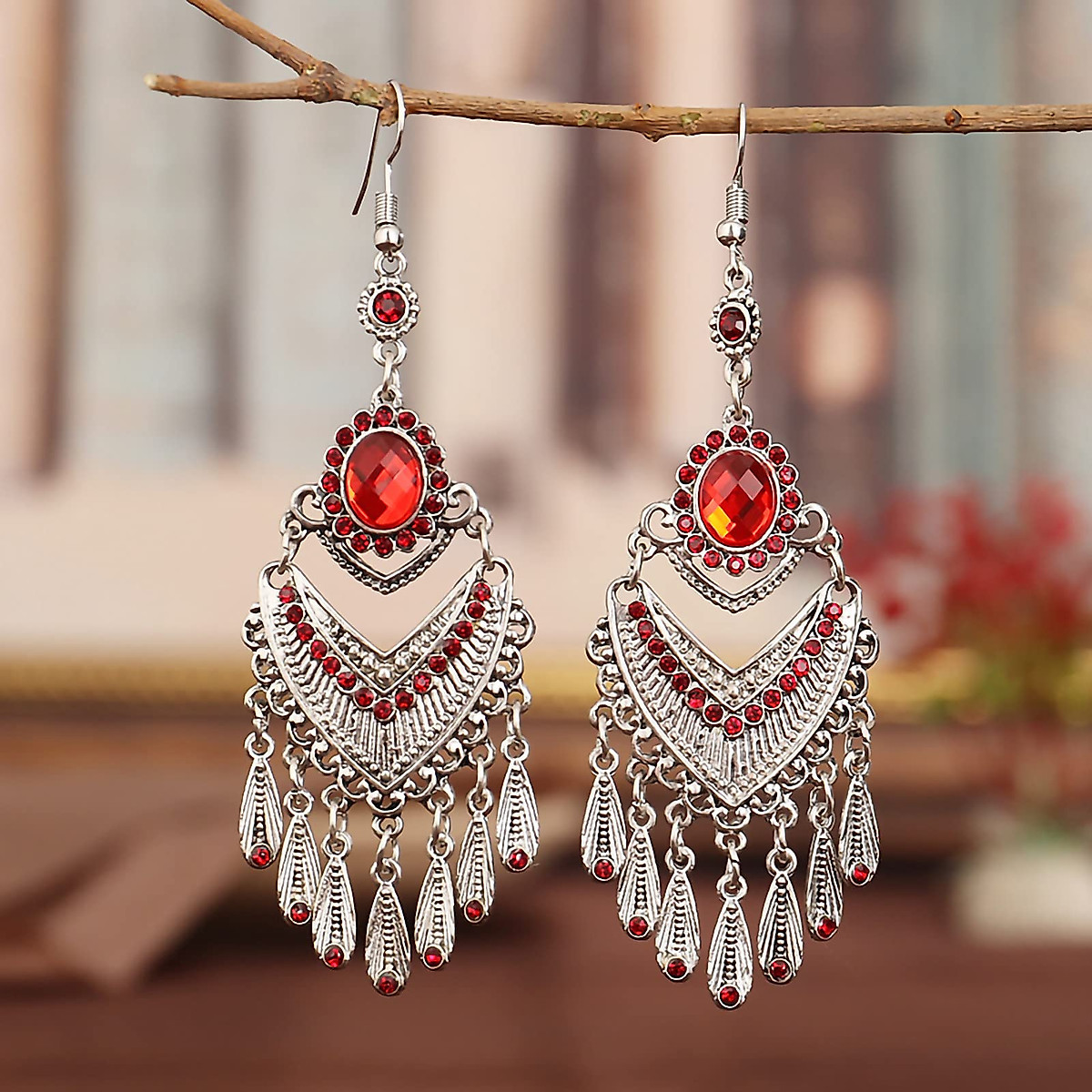 Women Dangle Earrings, 1 Pair Hook Earrings Vintage Ethnic Style Elegant Hollow Delicate Drop Earrings for Travelling Drop Earrings Women Beauty (Colour Name : Green) (Red b)