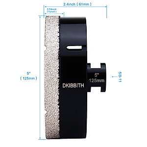 DKIBBITH 5" Dry Diamond Core Drill Bit, Tile Hole Saw for Ceramic Porcelain Granite Quartz Marble Tiles Stone Brick Glass Block with 5/8-11 Thread Fit Angle Grinders, 125mm Black