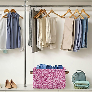 YETTASBIN Pink Leopard Storage Basket 1pc, Large Collapsible Toys Clothes Organizer, Durable Canvas Storage Bin with Handle for Shelves Closet Laundry Home Office Decor