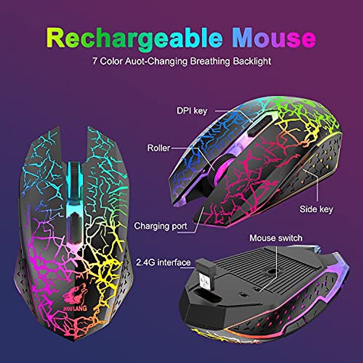 Wireless Gaming Keyboard and Mouse Combo,61 Key Rainbow Backlit Keyboard with Rechargeable 4000mAh,Mechanical Feel,Ergonomic,Quiet,RGB Mute Mice and Mousepad for PS4,Xbox One,Desktop,PC
