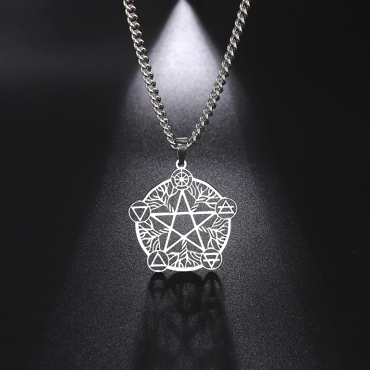 TEAMER Tree of Life Pentagram Necklace Stainless Steel Pentacle Pendant Wicca Pagan Jewelry for Women (Steel)