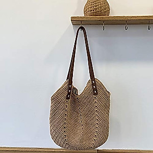 QTKJ Hand-woven Soft Boho Women's Summer Crochet Beach Shoulder Bag PU Leather Handle Woven Handbag for Women (Brown)
