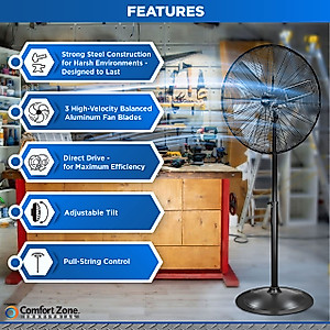 Comfort Zone CZHVP30 30” High-Velocity 3-Speed Industrial Pedestal Fan with Aluminum Blades and Adjustable Height, Black