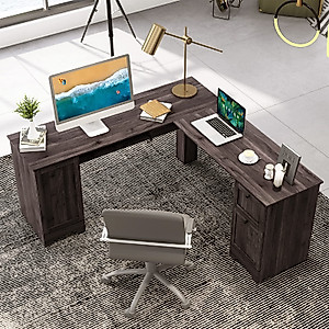 Tangkula L-Shaped Office Desk with Storage Drawers & Keyboard Tray, Home Office Corner Computer Desk with Cabinet & Inner Adjustable Shelf, Space-Saving Study Writing Desk, Computer Workstation