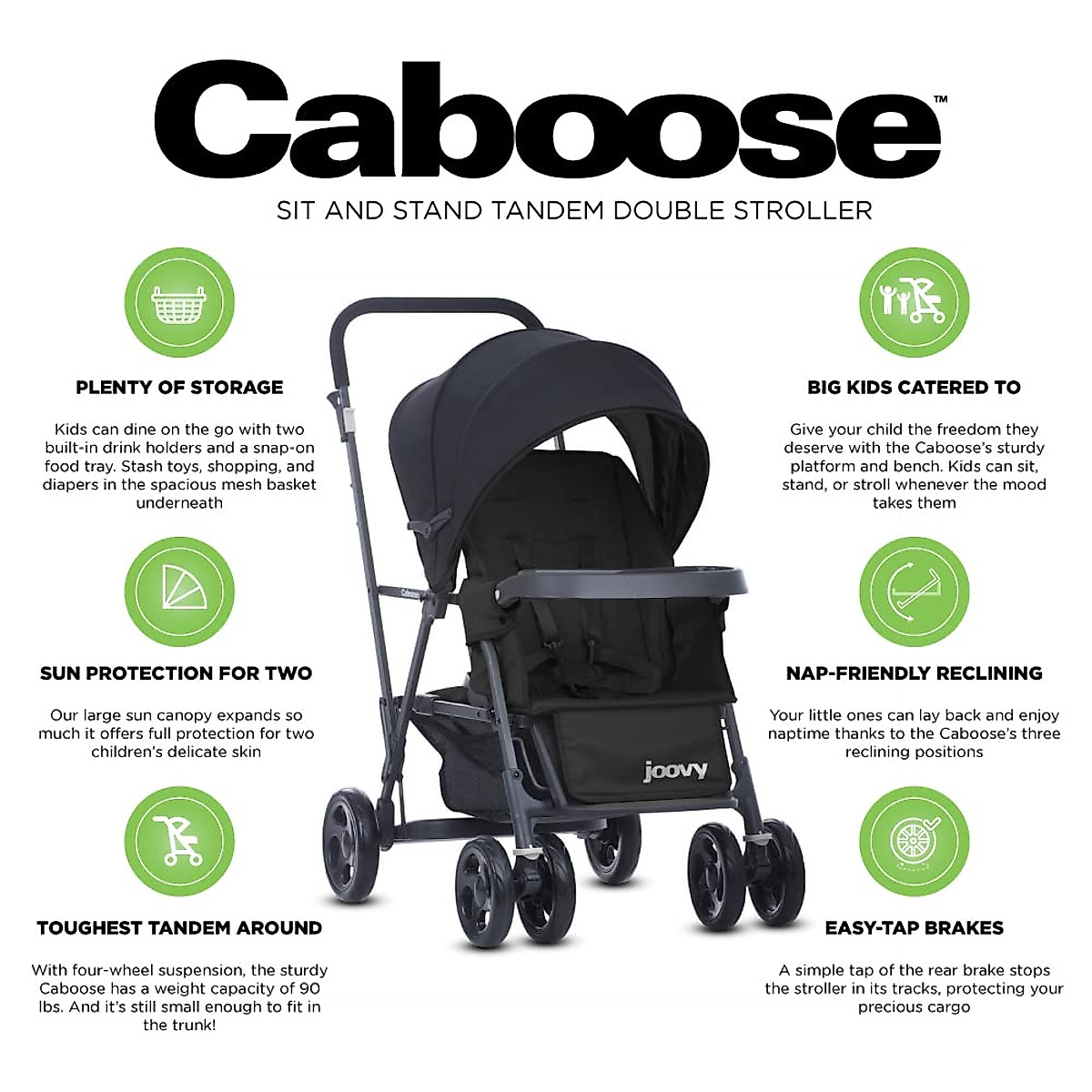 Joovy Caboose Sit and Stand Double Stroller with Rear Bench and Standing Platform, 3-Way Reclining Seats, Optional Rear Seat, and Universal Car Seat Adapter (Amber)