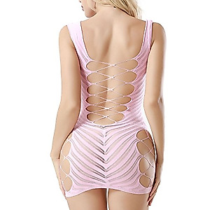 FasiCat Sexy Lingerie for Women Fishnet Halter Chemise Deep V Hot Mesh Mini Dress Bodysuit Pink