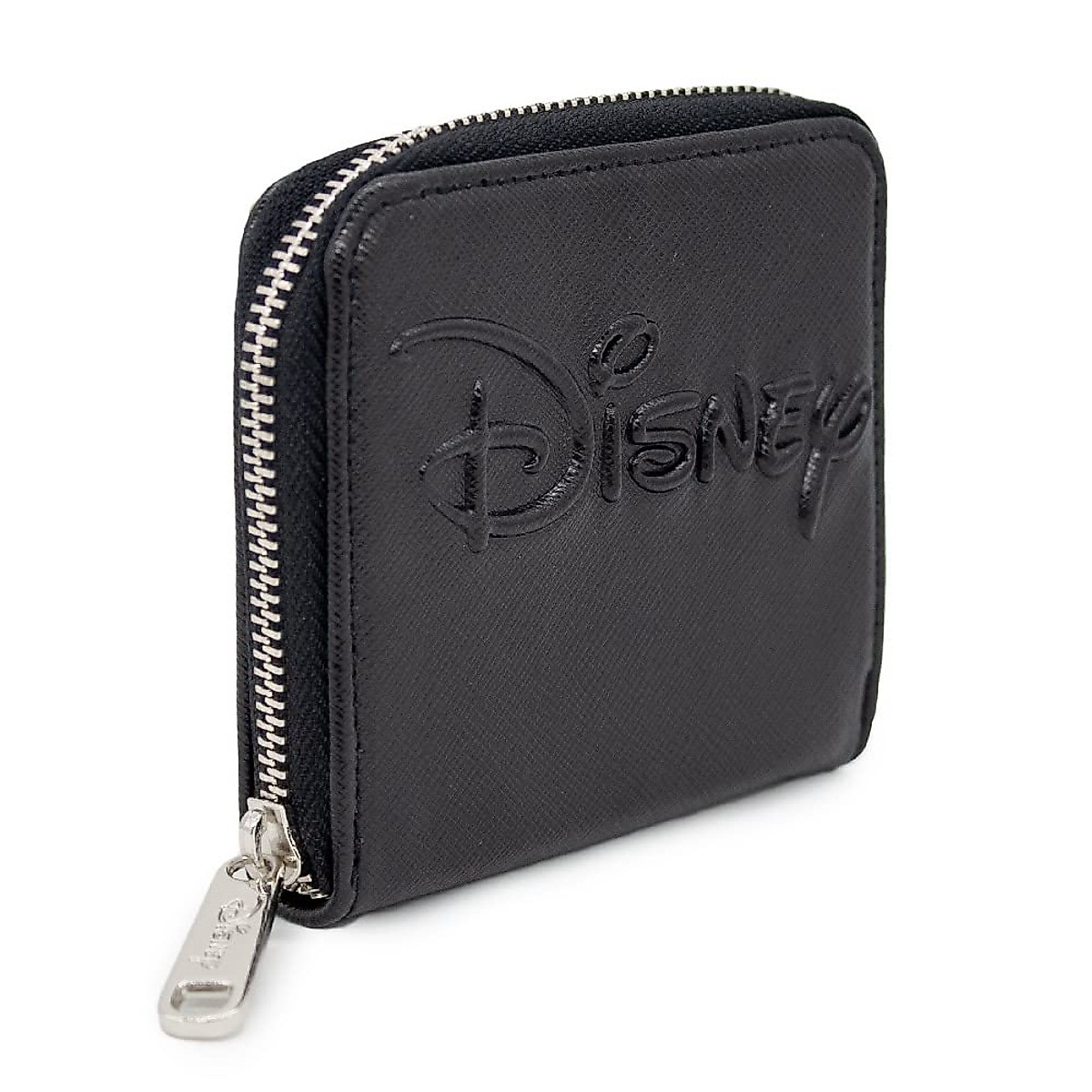 Disney Wallet, Square Zip Around, Disney Signature Text Logo Embossed, Black Vegan Leather